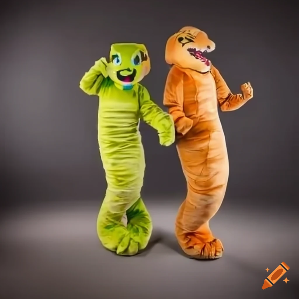 Two female workers in snake mascot costumes at a theme park on Craiyon