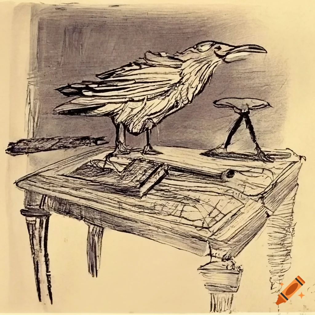 Raven on an old wooden desk with a quill in pen and ink style on Craiyon