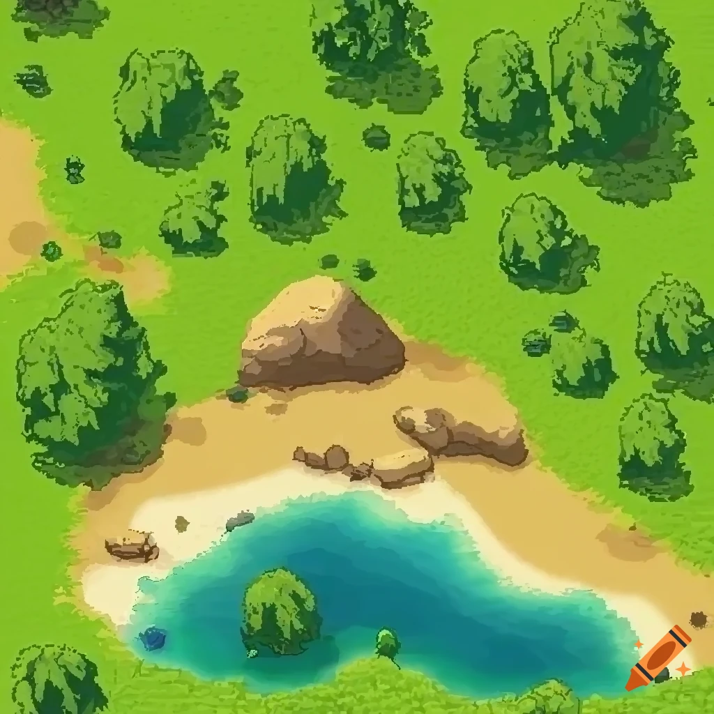 2D art of a cliffside field with crystal clear water on a sunny day on ...