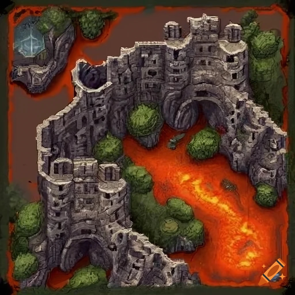 Top down view of path by a lava river with castle ruins in 2D art on Craiyon