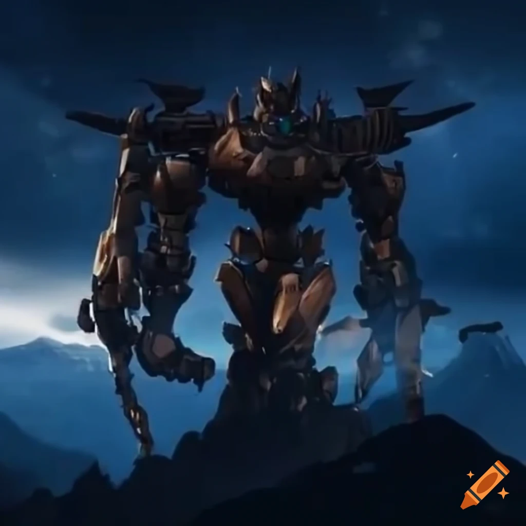 Giant mecha in the mountains under a night sky on Craiyon