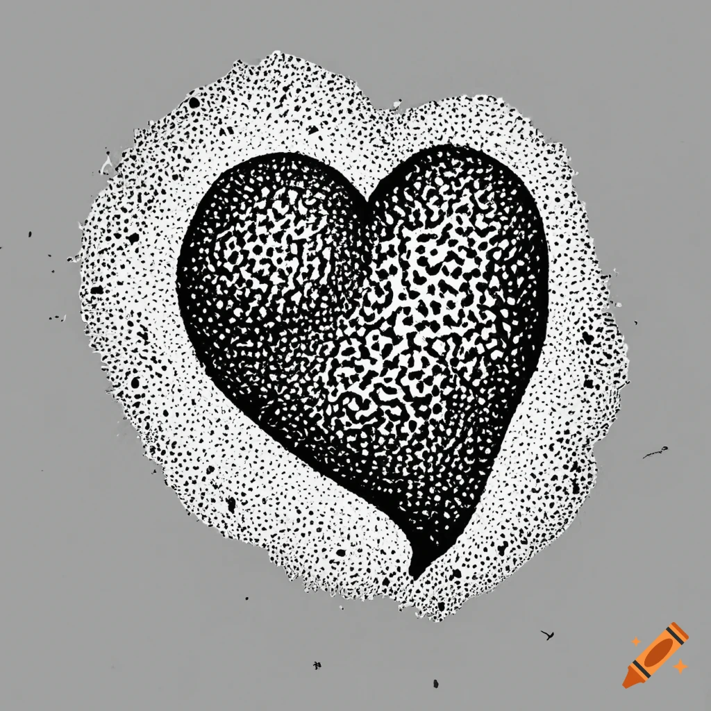 Black and white stipple dotwork heart drawing on Craiyon