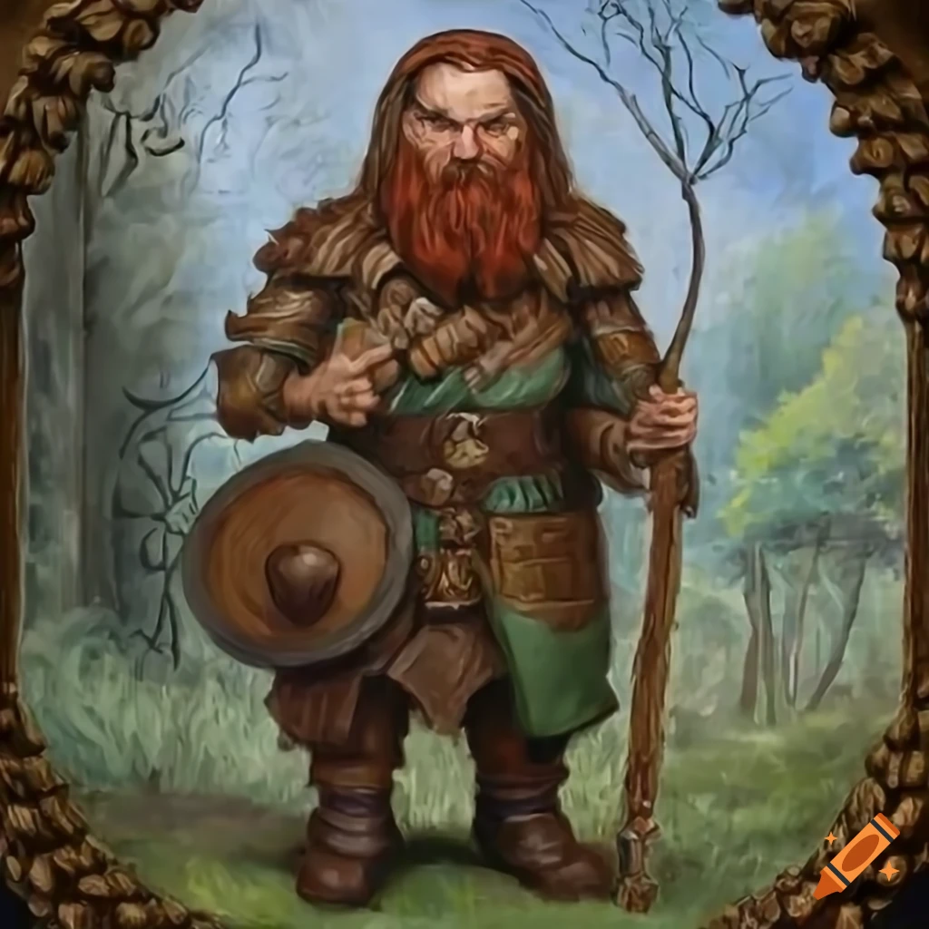 Bearded male dwarf druid in hide armor with wooden staff and shield on ...
