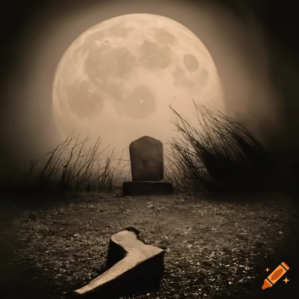 Gravestone with shovel under a black sunset and moonrise on Craiyon
