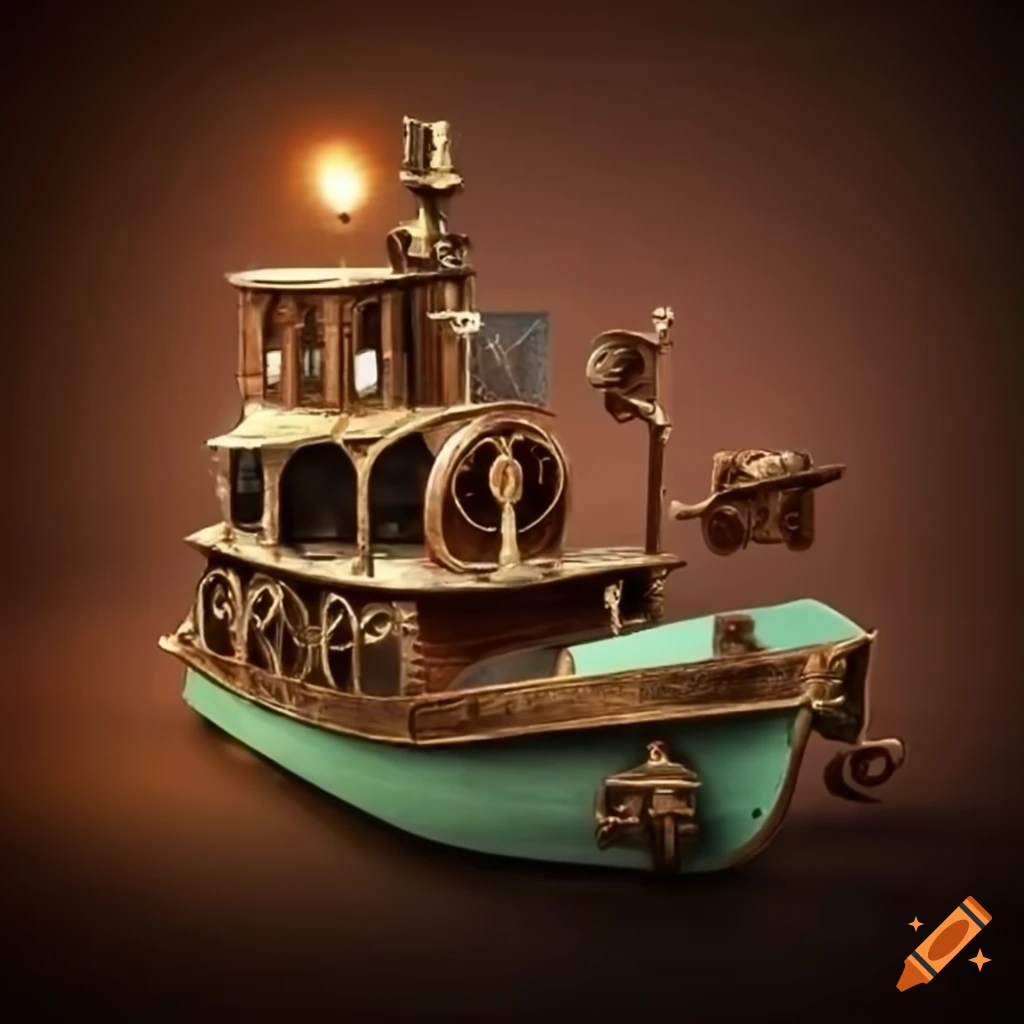 Steampunk ferry with automaton sailor in a rural town on Craiyon