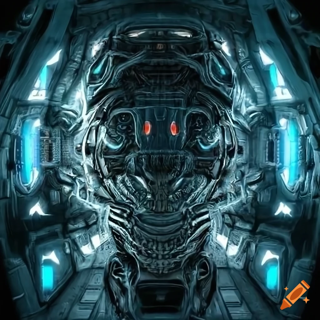 Inside spaceship with surreal aliens and organic machines on Craiyon