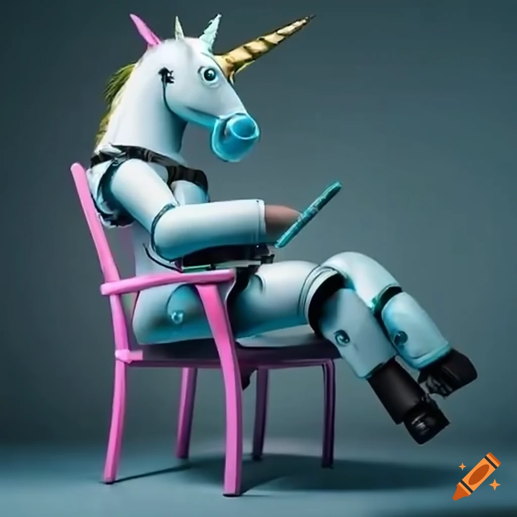 Robotic unicorn with broken wheel and friendly nerd resting glasses and ...