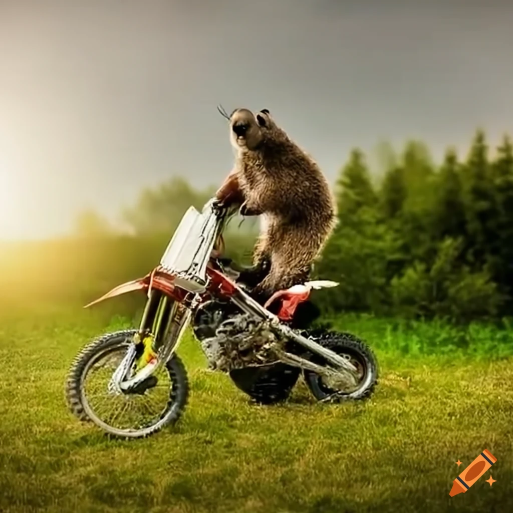 Humanoid groundhog riding a dirt bike on grass on Craiyon