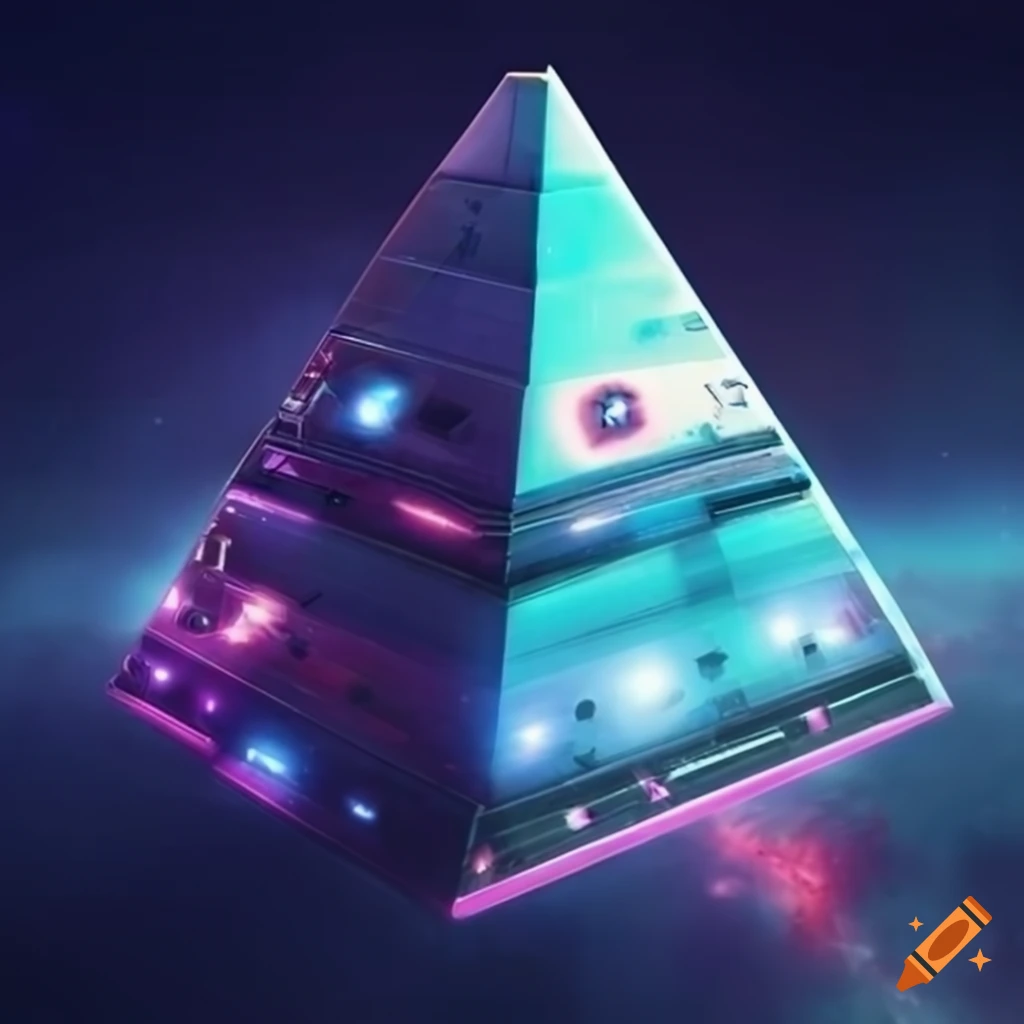 Futuristic pyramid-shaped spaceship for galaxy exploration on Craiyon