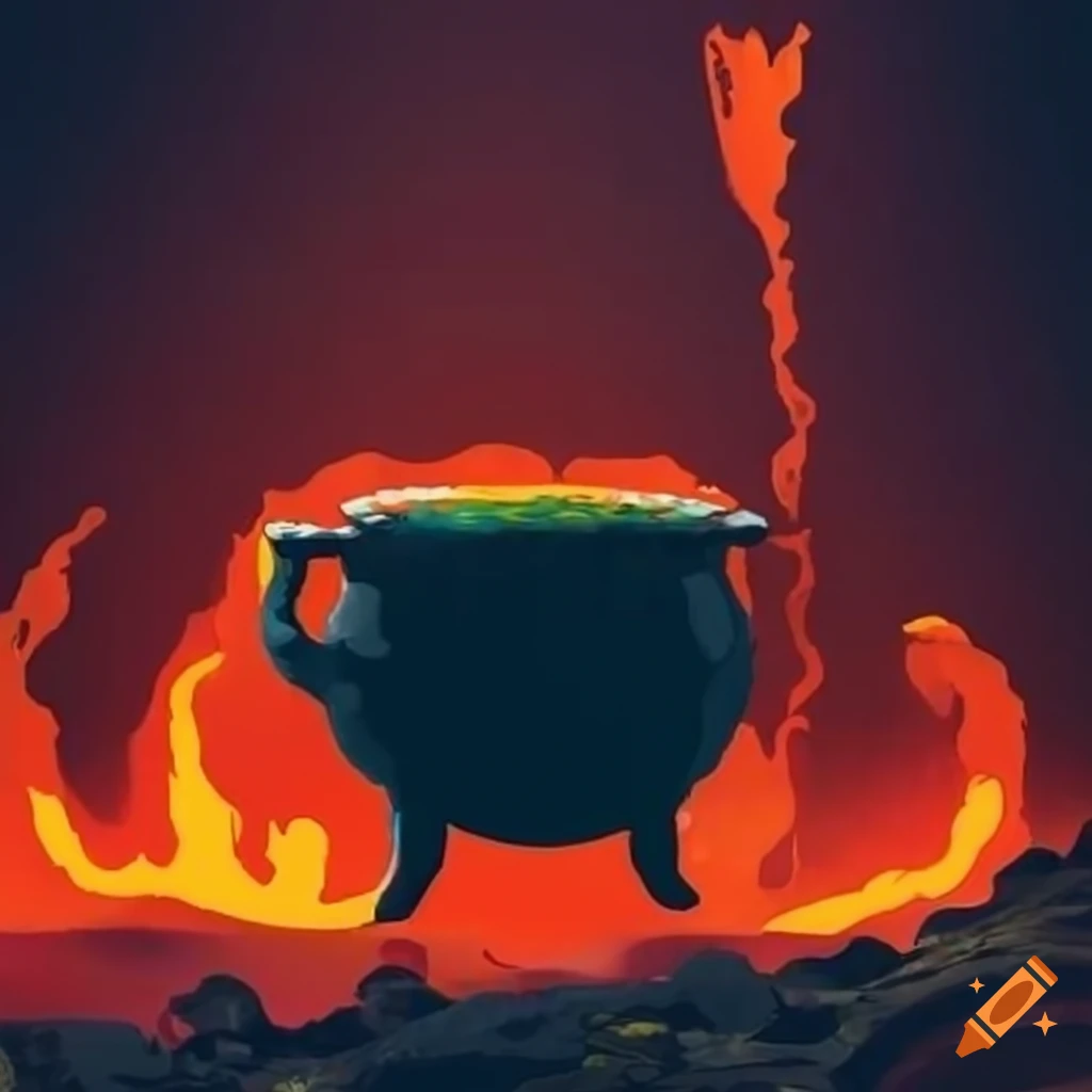 Large cauldron with lava lake, boats, and islands on Craiyon
