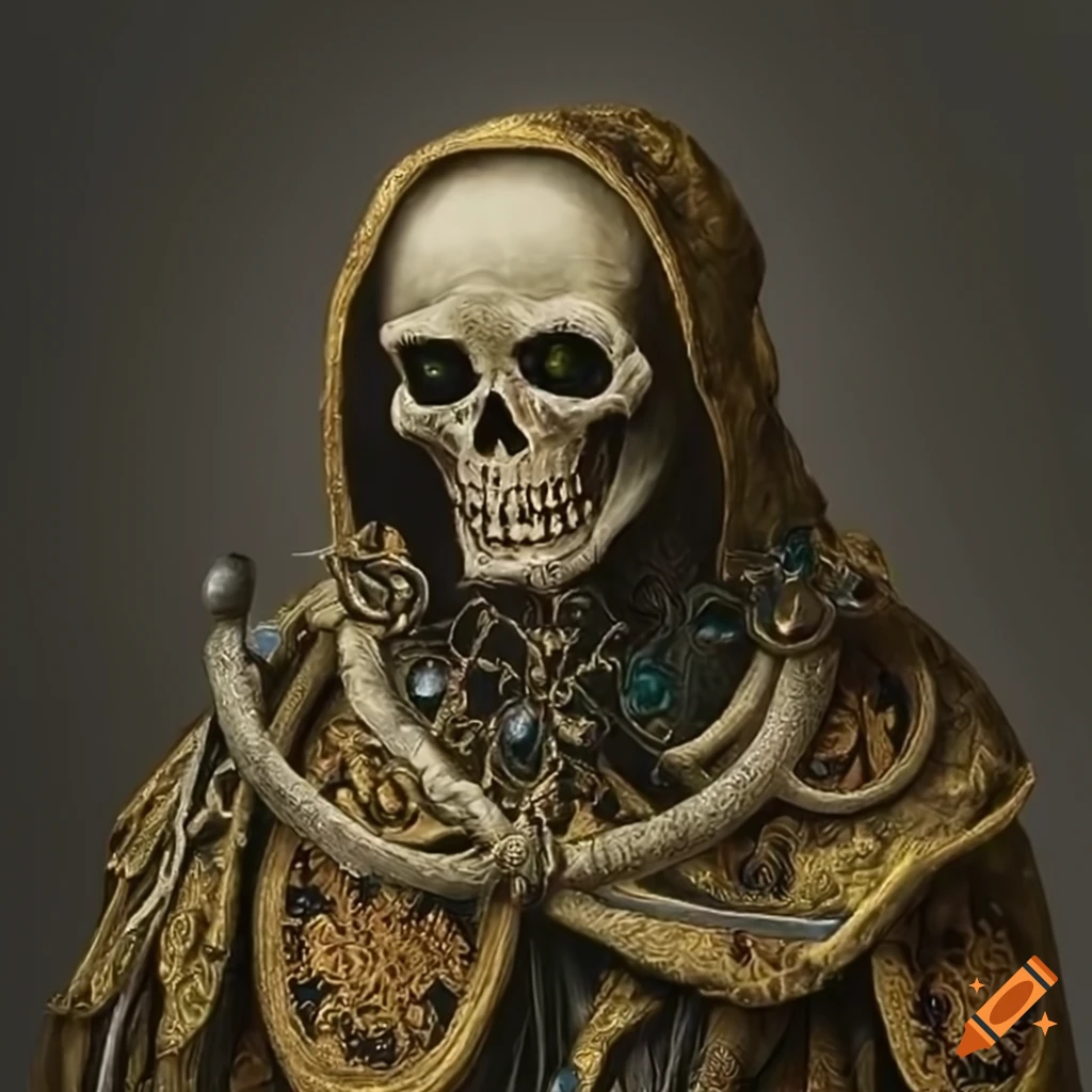 Skeletal lich in gold cloak with gnarled oak staff beside a dark throne ...
