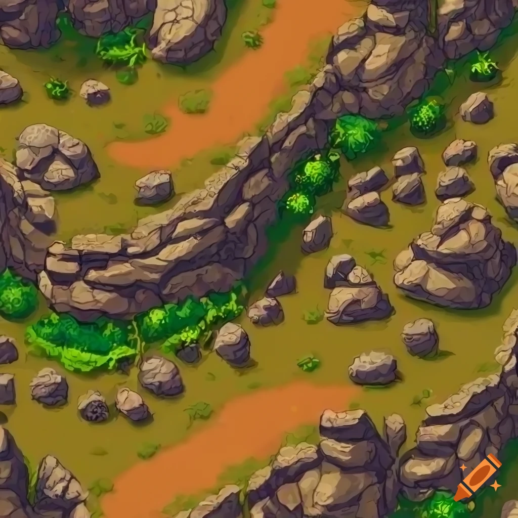 Top down view of rocky mountain path on a sunny day in 2D art on Craiyon