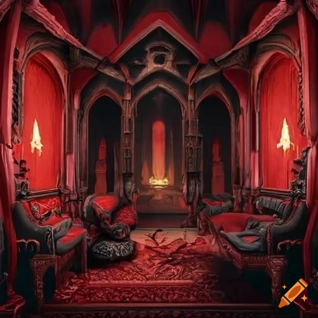 Luxurious warlock room with red and black colors in a dungeons and ...