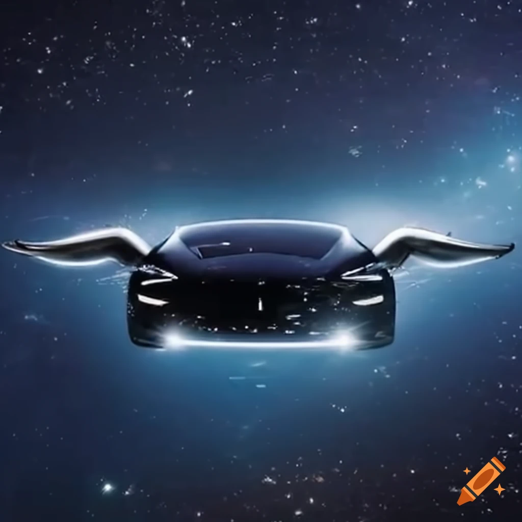 Tesla car with wings flying through space on Craiyon