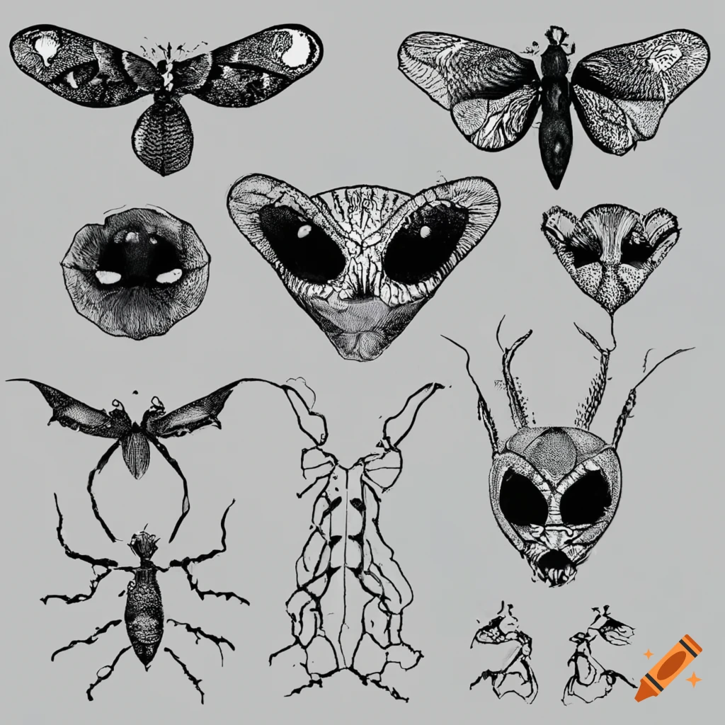 Alien insect from multiple angles in black and white with scientific ...