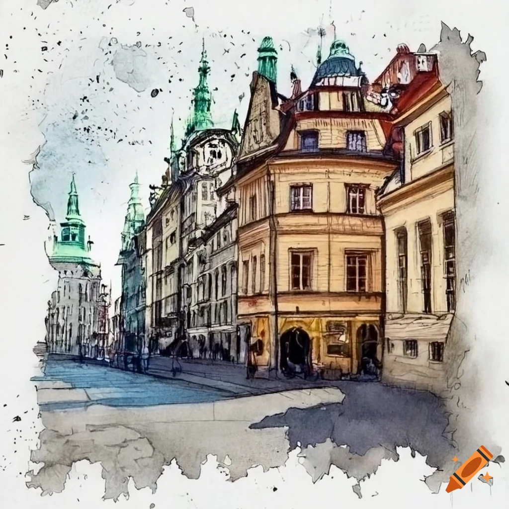 Intricate pencil drawing of a street in prague on Craiyon