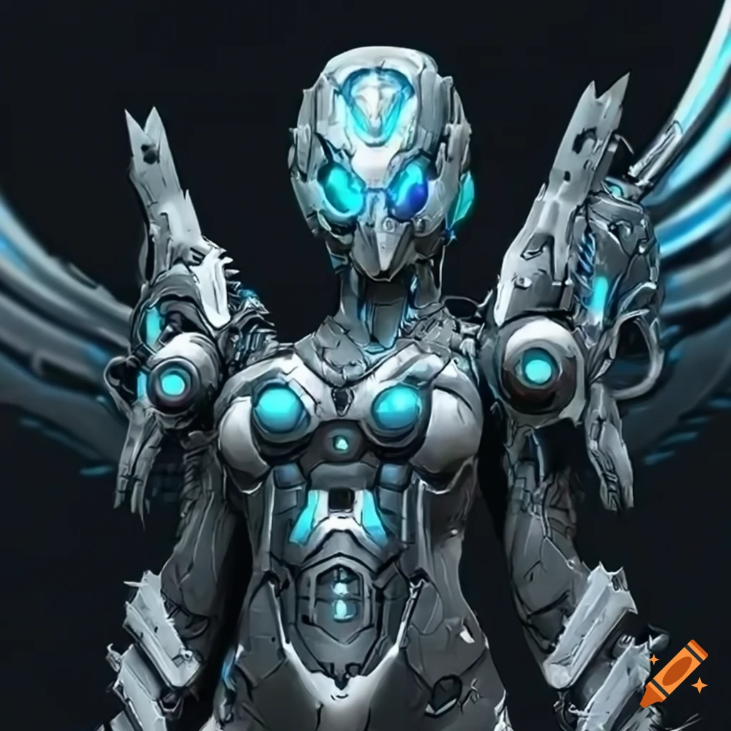 Cyborg valkyrie soldier with giant cyber wings on Craiyon