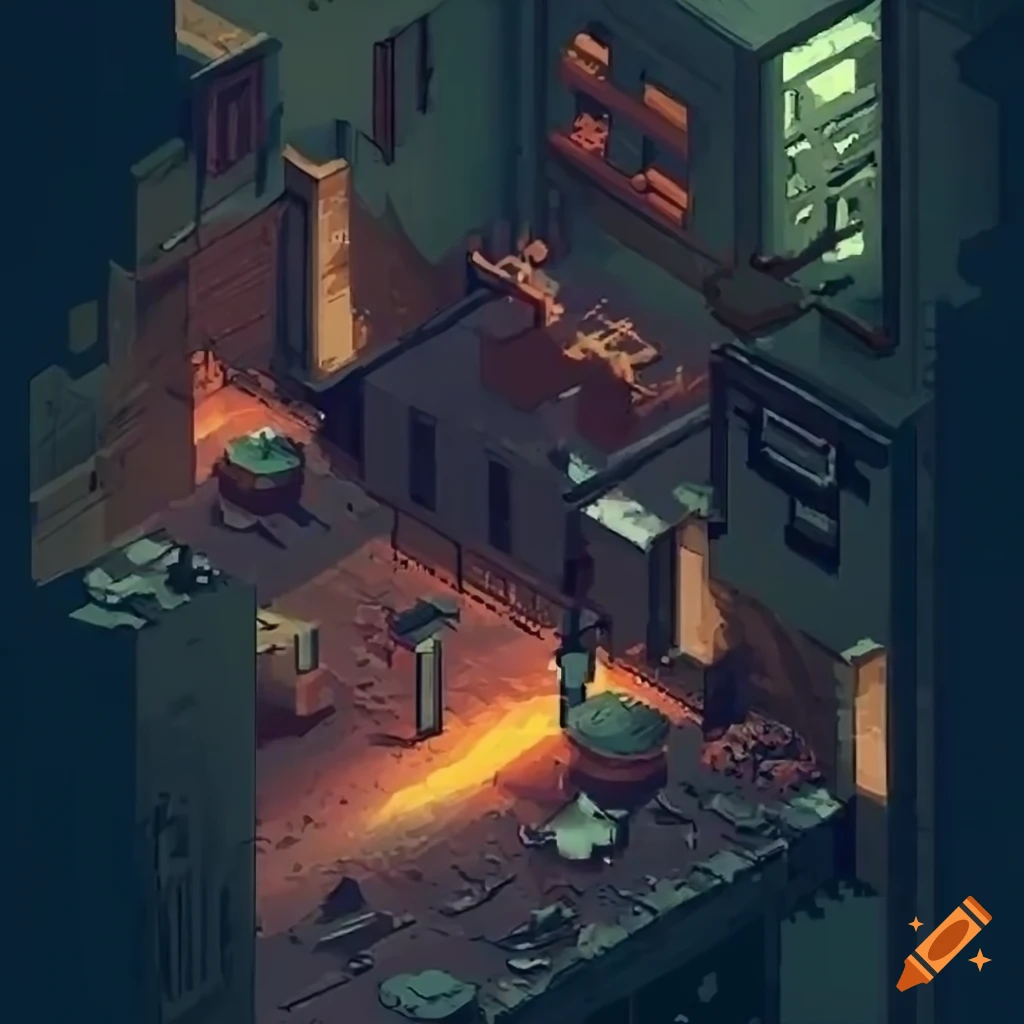 Isometric pixel art depicting a post-apocalyptic scene on Craiyon