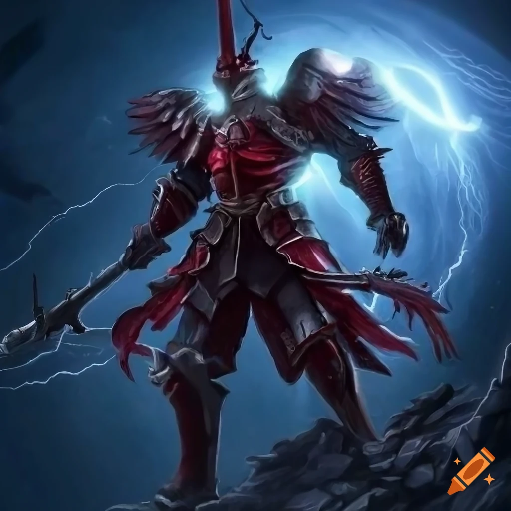 Power angel in red armor with lightning on a war battlefield on Craiyon
