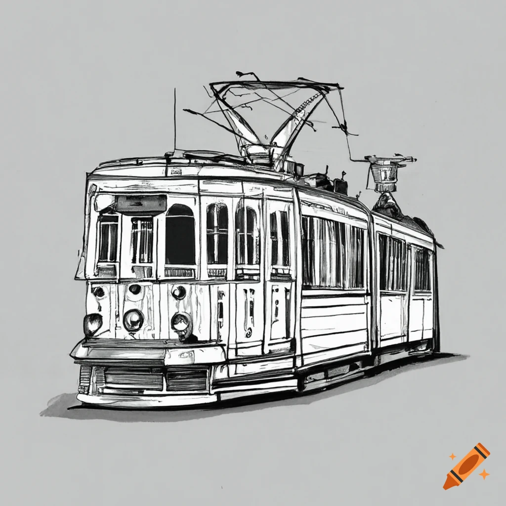 Detailed pencil drawing of prague trams on Craiyon