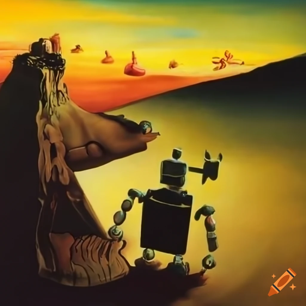 Little robots in a salvador dalí landscape on Craiyon