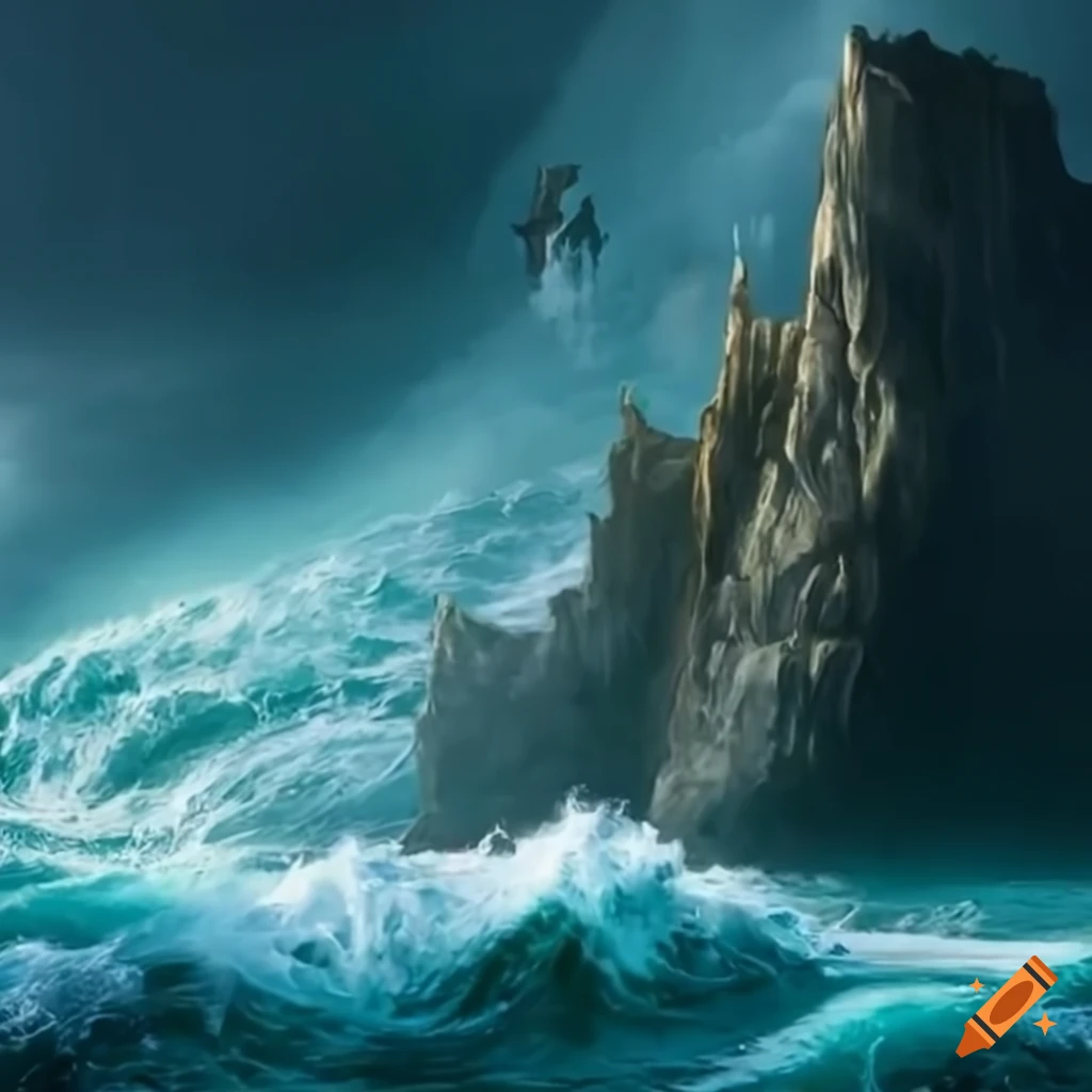 Wizard summoning waves from precarious cliffs during a tempest on Craiyon