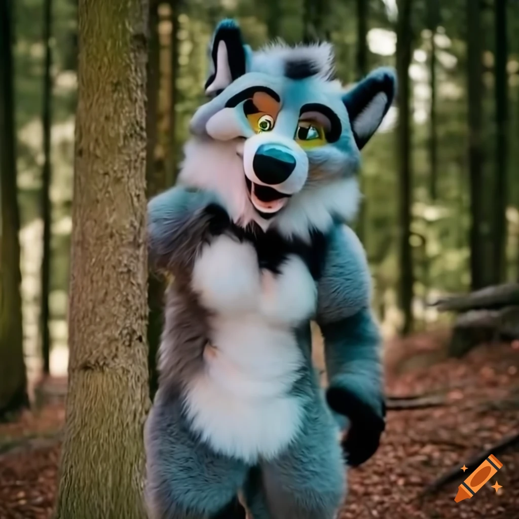 Close up of a person in a wolf mascot fursuit prancing in the woods on ...