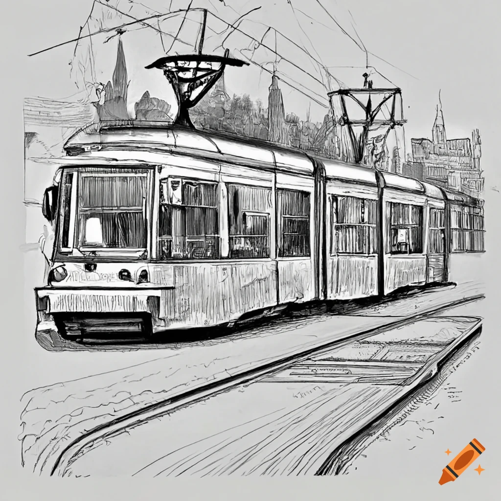 Detailed pencil drawing of prague trams on Craiyon