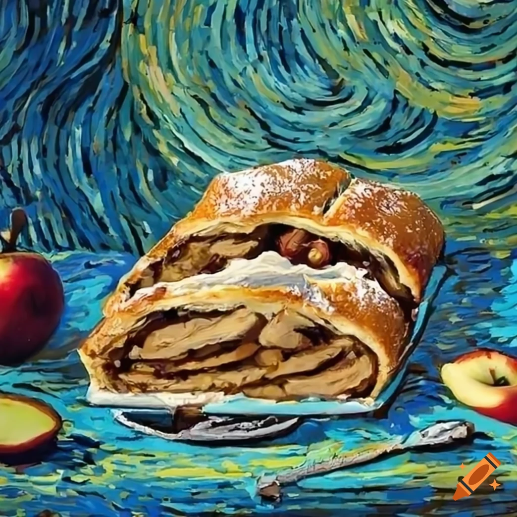 Van gogh style apple strudel, ice cream, and coffee on Craiyon