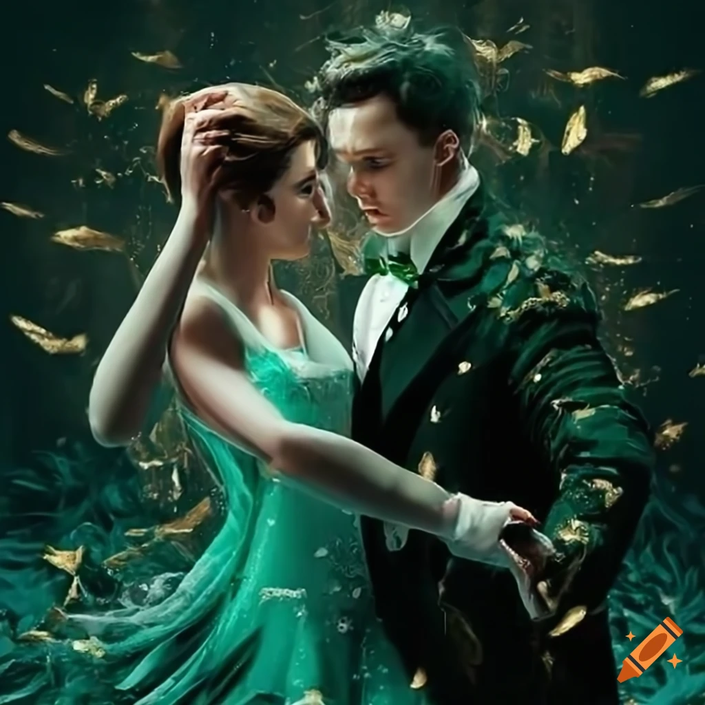 Elegant couples in ballroom surrounded by snow and green leaves on Craiyon