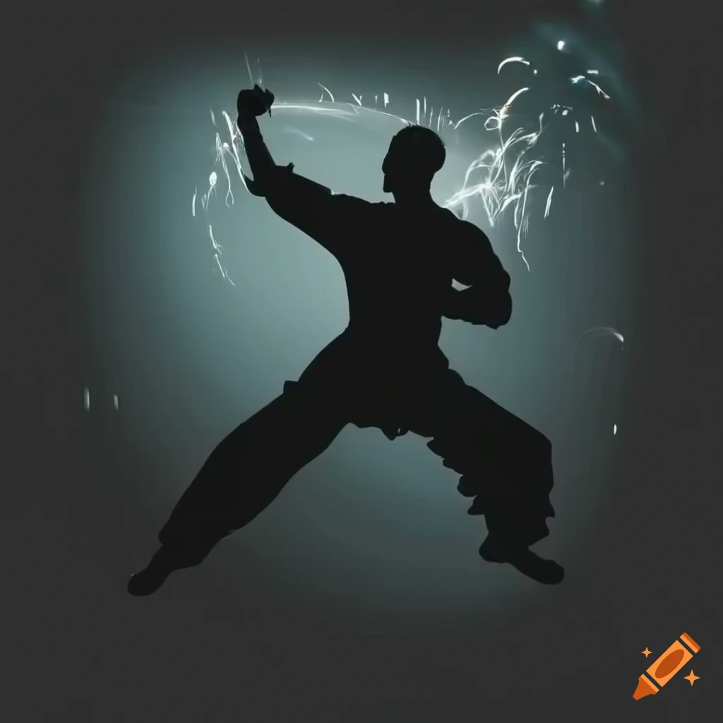 Silhouette of a kung fu fighter performing a jumping punch with ...