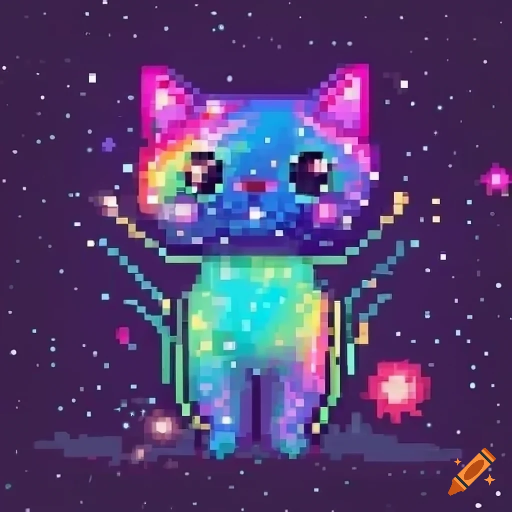 Kawaii cosmic rainbow cat in neon pixel art with space background on ...