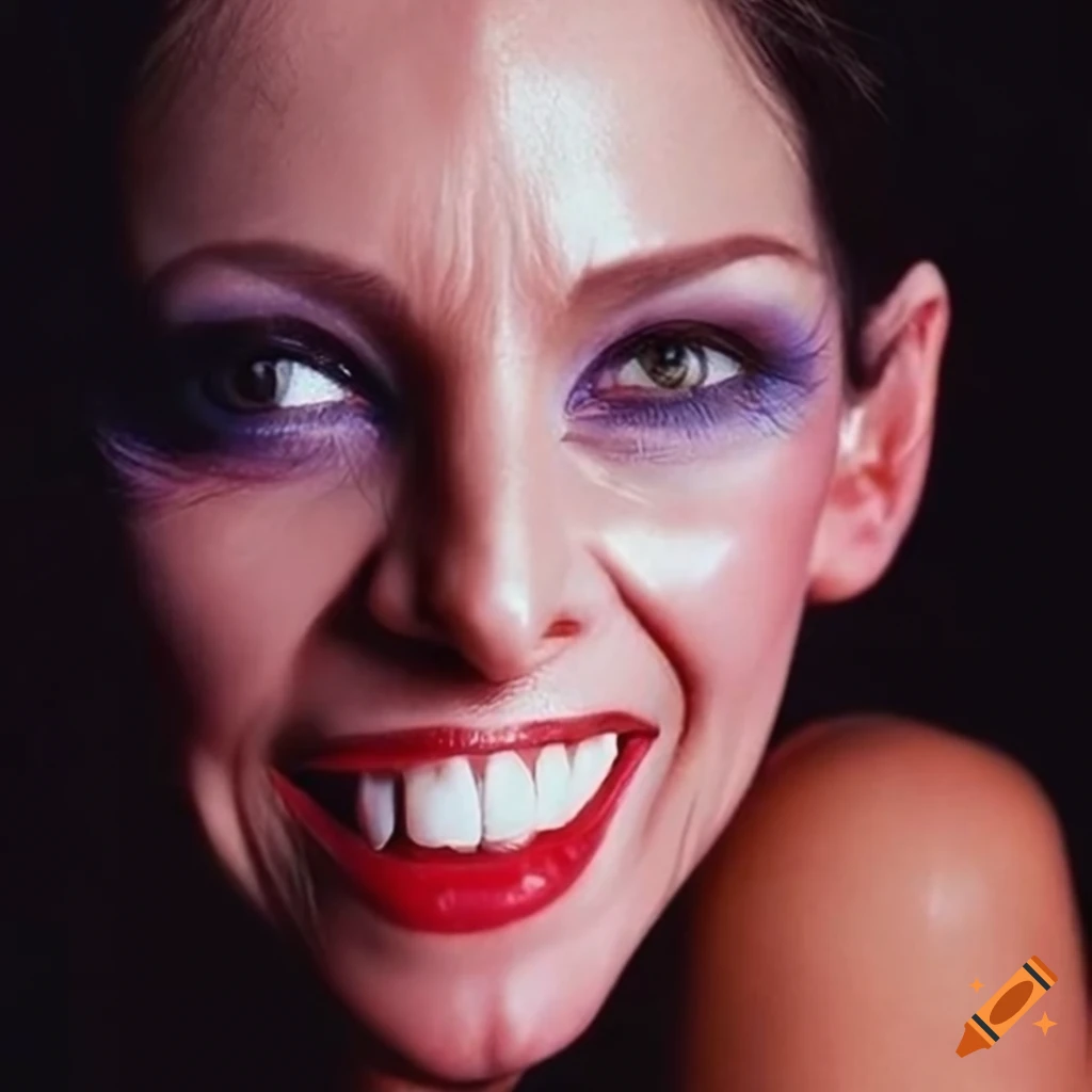 Strange female anatomical smiling face with transparent skin in 90s ...