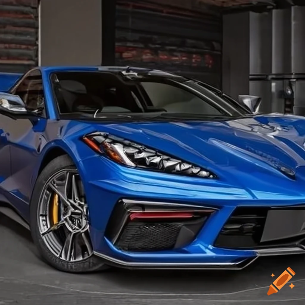 Blue corvette c8 in the shop on Craiyon