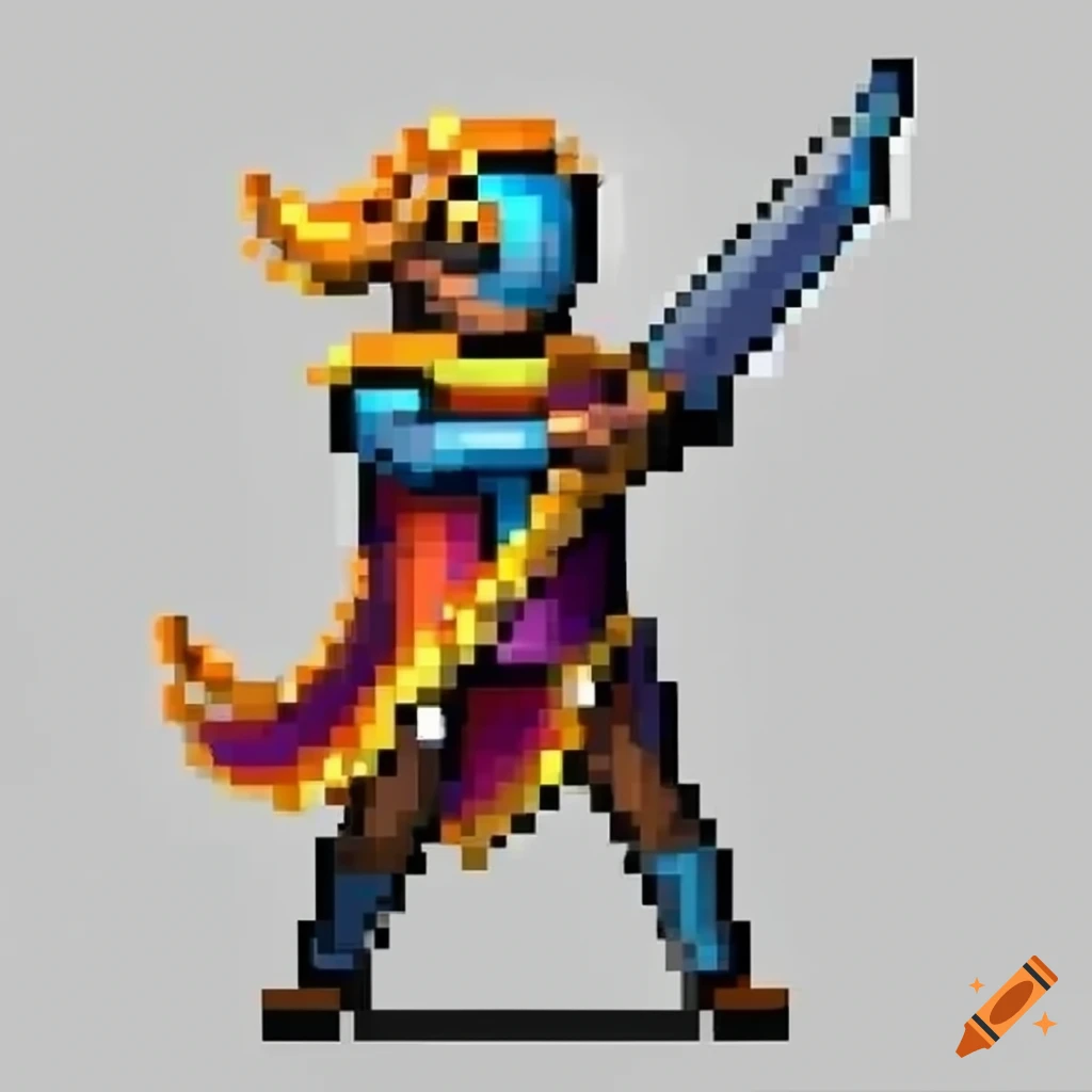Pixel character with a sword standing sideways on a white background on ...
