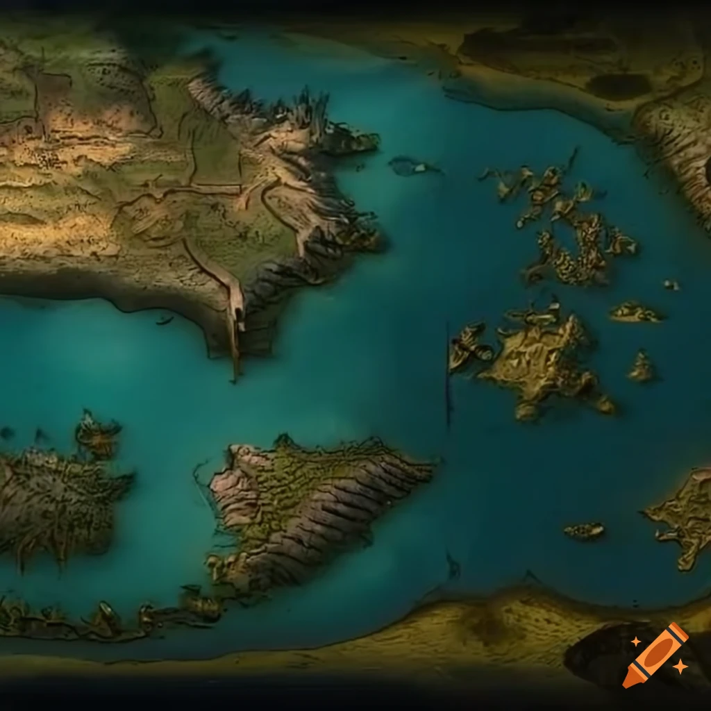 Mystical map depicting an intricate river and huts of a lost ...