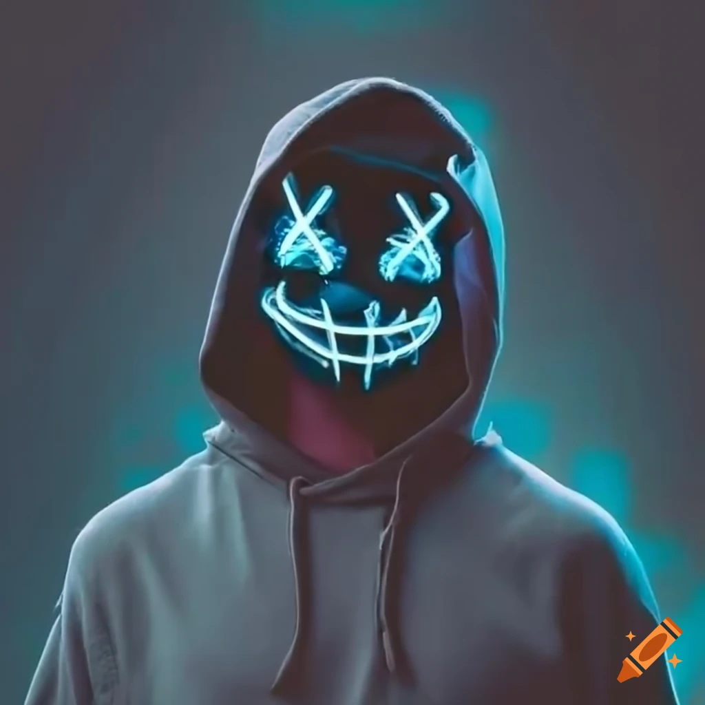 Person wearing a led mask with a black hoodie on Craiyon