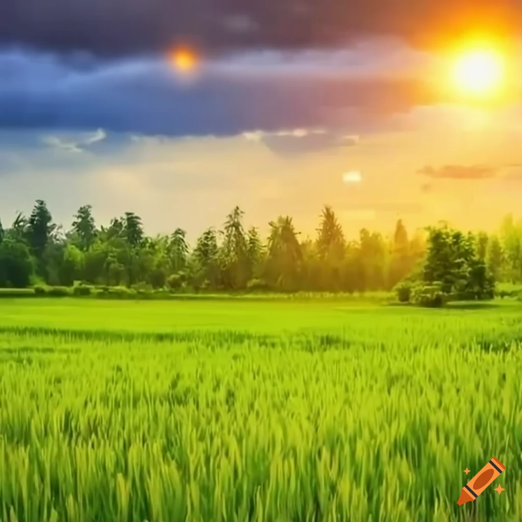 Sunny weather over a paddy field on Craiyon