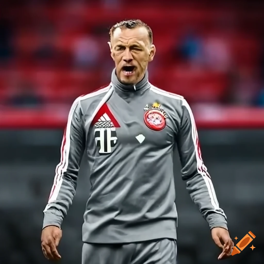 Polish bayern munich manager in grey tracksuit cheering on team on Craiyon