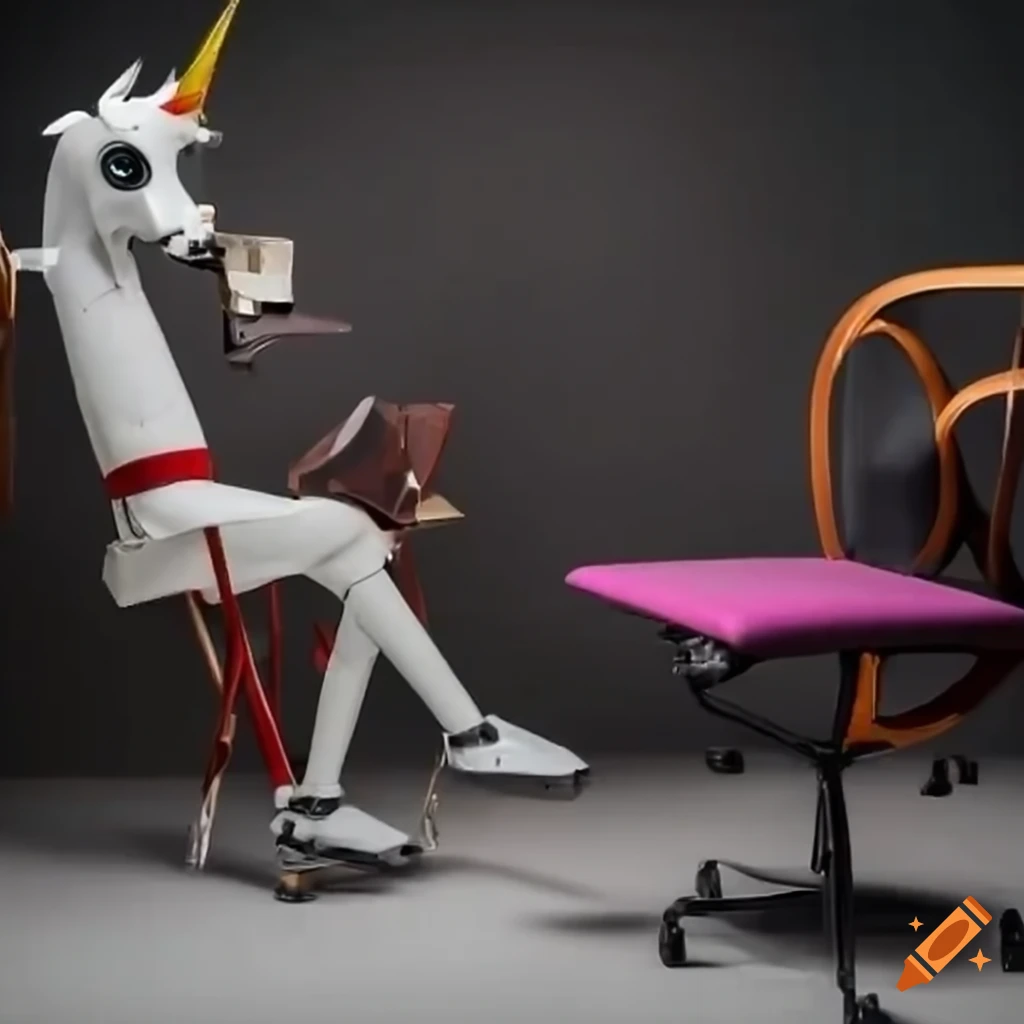 Robotic unicorn with broken wheel and friendly nerd resting glasses and ...