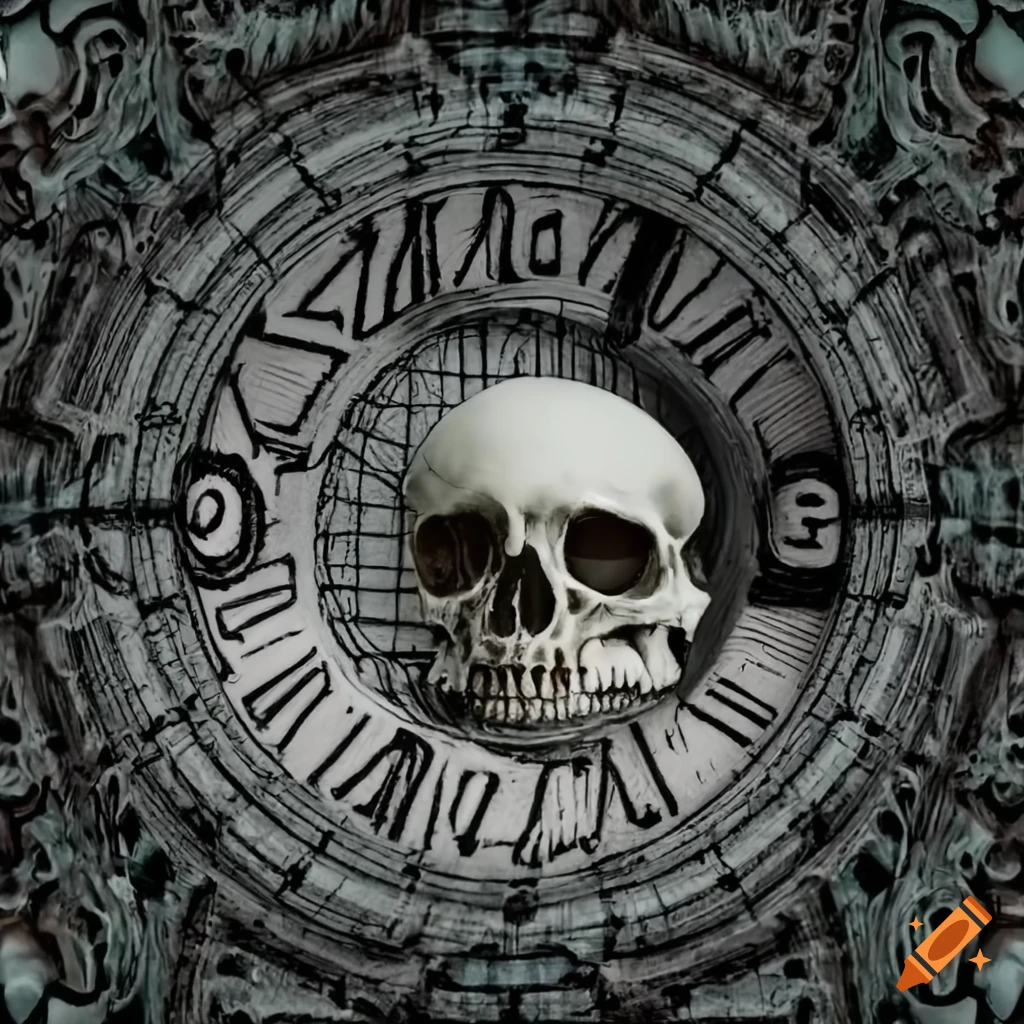 Pencil sketch of a skull hatching from an egg with distorted clocks and ...