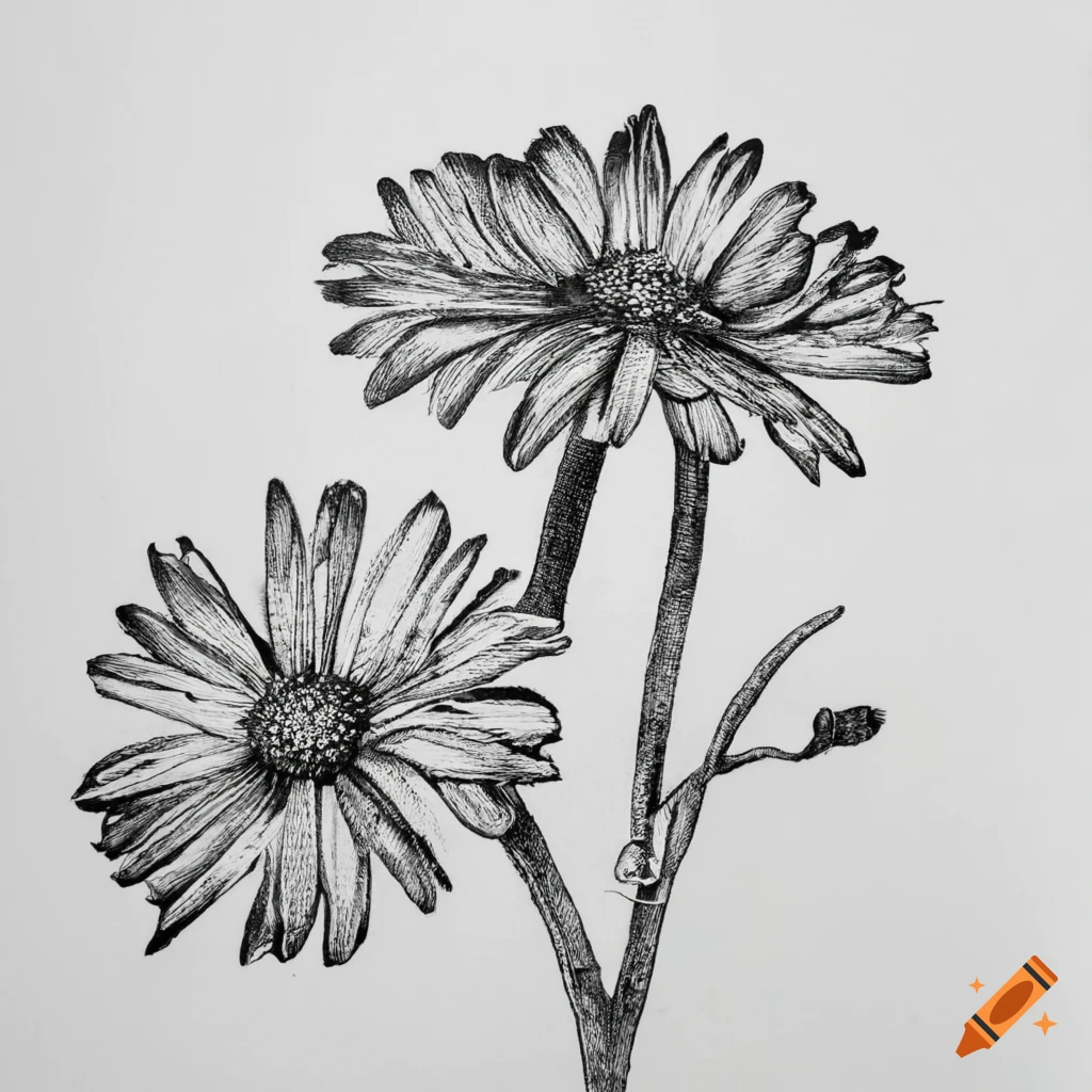 Botanical drawing of daisies in black ink on Craiyon