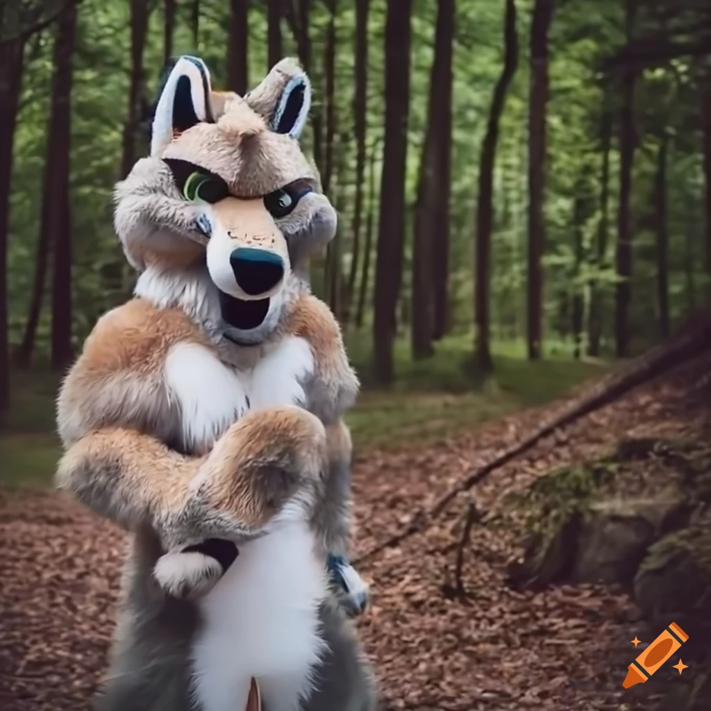 Close up of a person in a wolf mascot fursuit prancing in the woods on ...