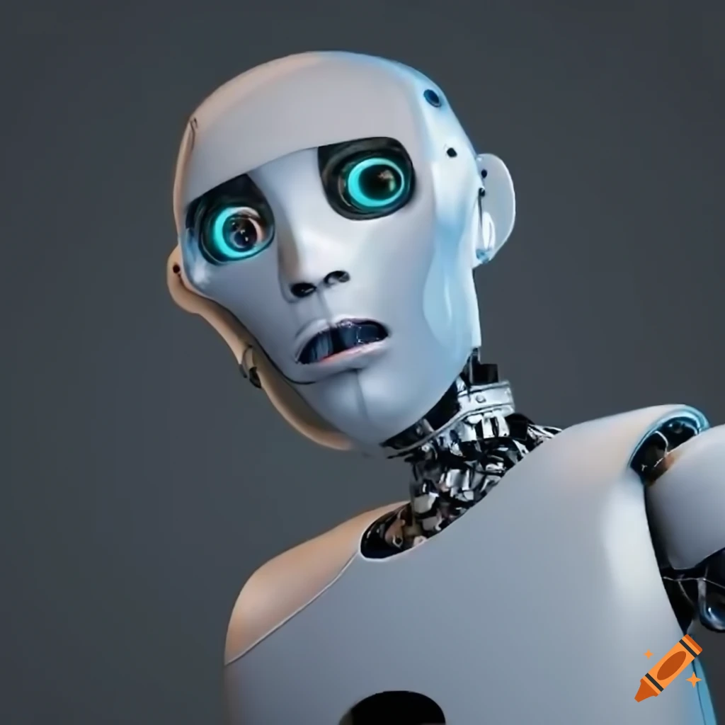 Surprised humanoid robot pointing at top right, 4k image on Craiyon