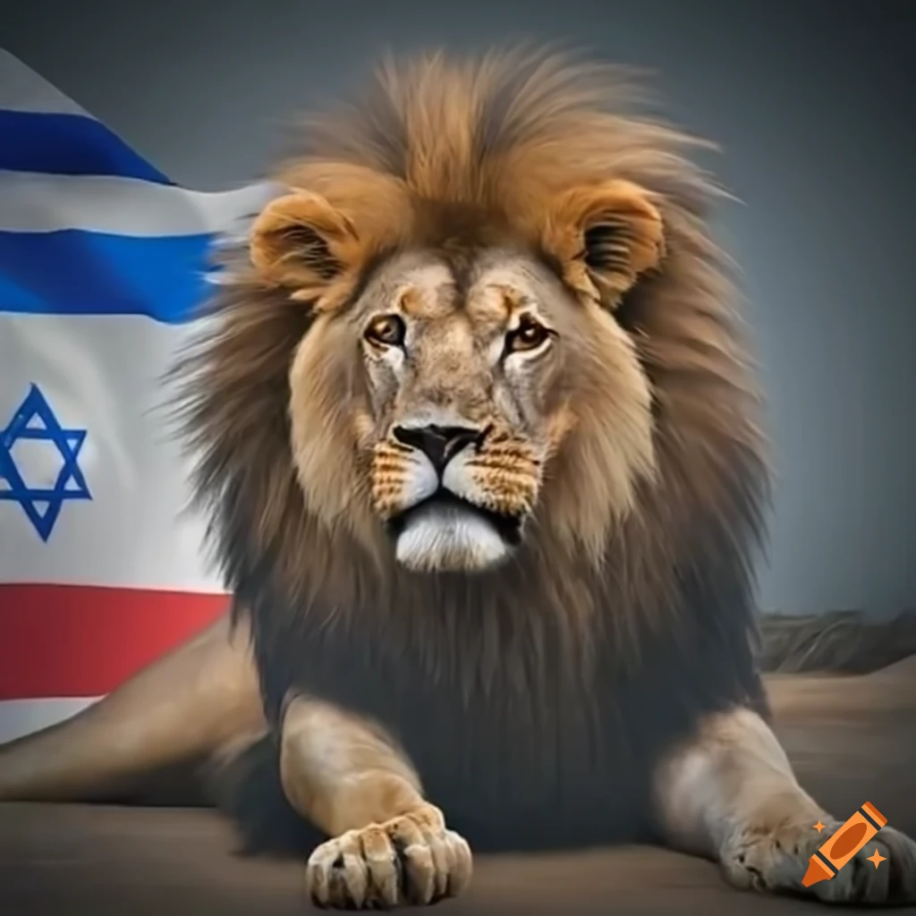 Fierce lion with a mane sitting with israeli flag in the background on ...