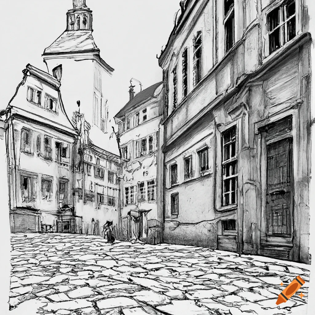 Pencil drawing of a cobblestone street in prague's old town on Craiyon