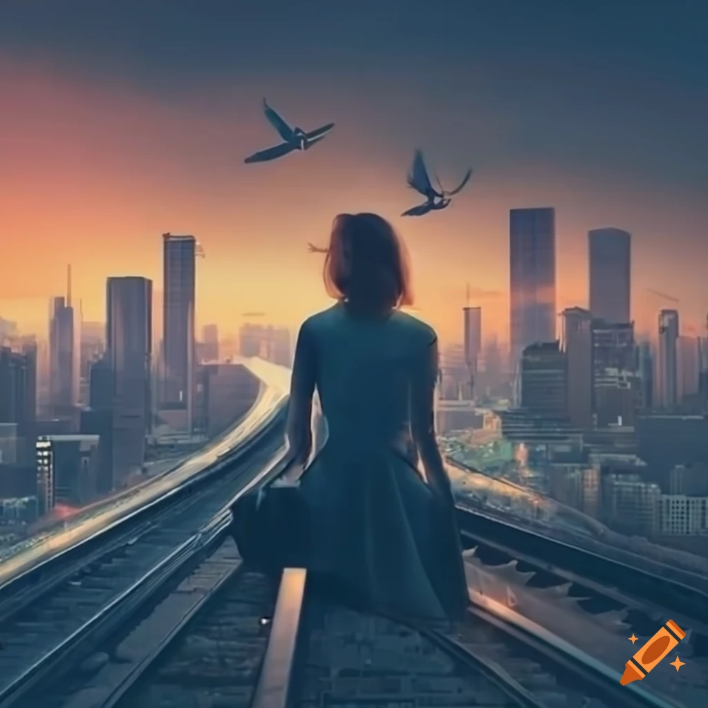 Man and woman by panorama window overlooking city lights, sky with ...