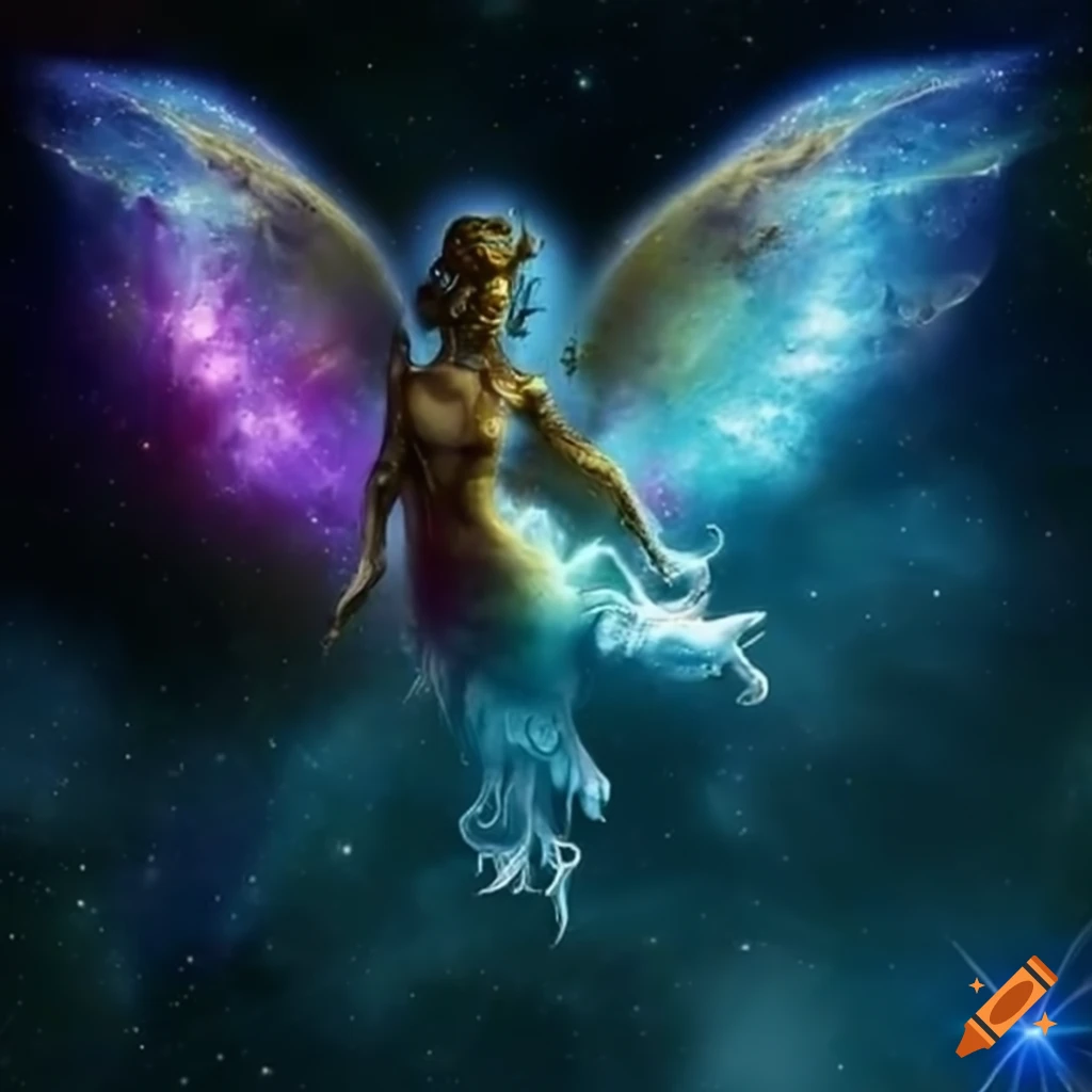 Small flying angelic goddess creature over a cosmic battlefield on Craiyon