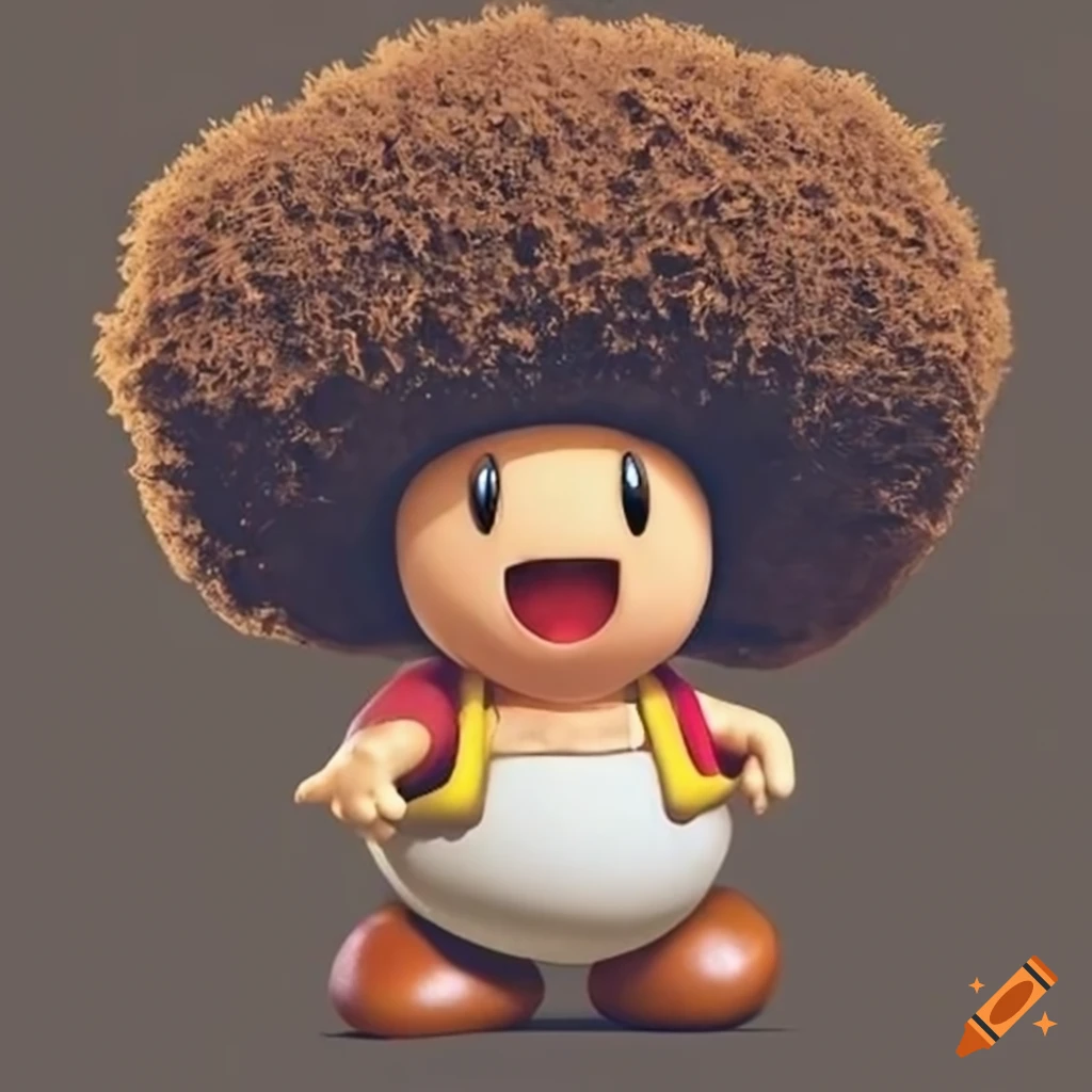 Cartoon toad with afro standing next to toilets on Craiyon