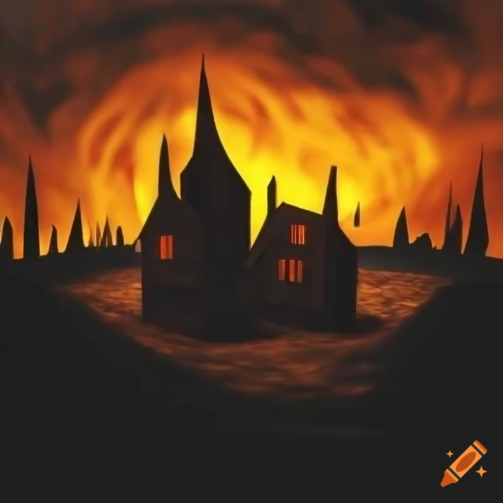 Super mario 64 burnt, burnt village landscape on Craiyon